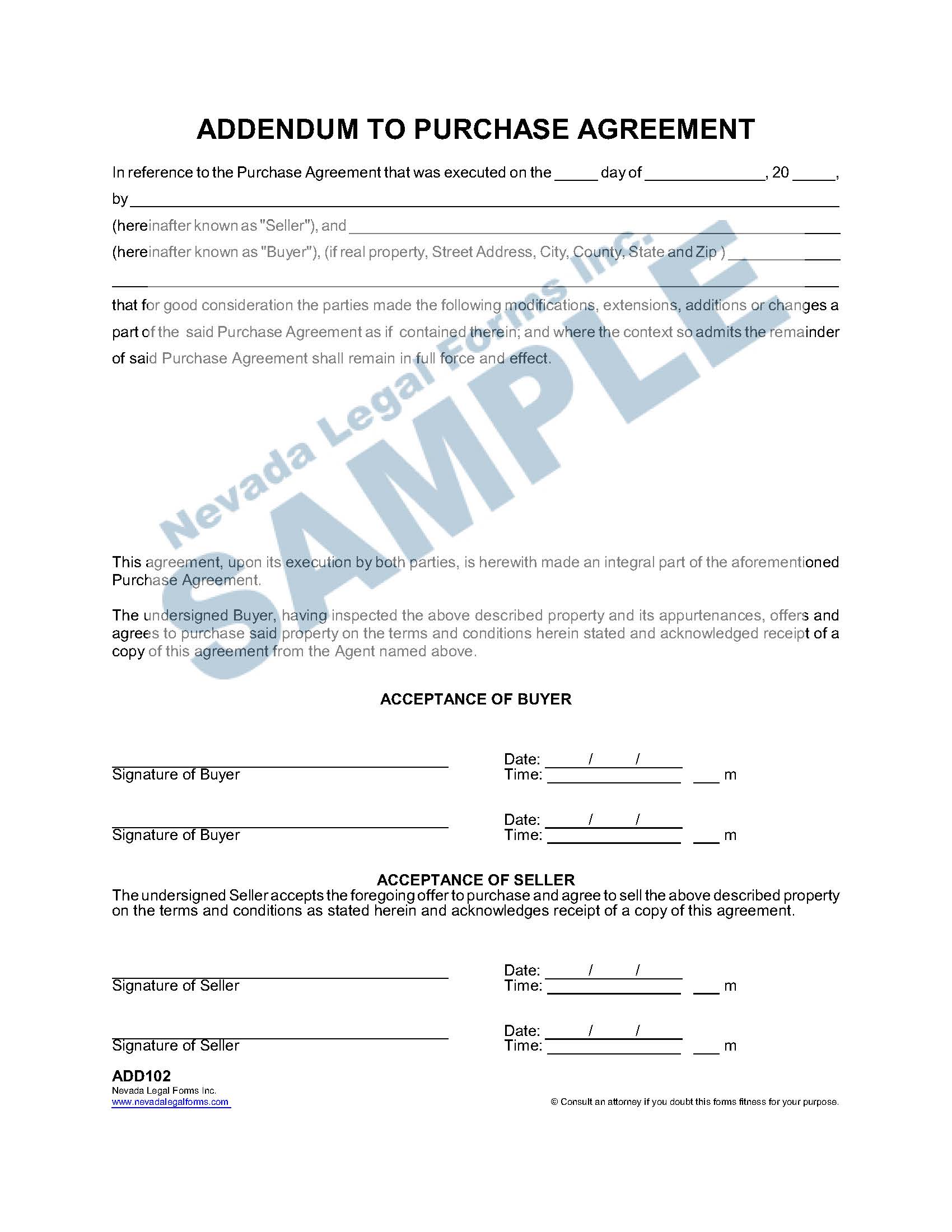 ADDENDUM TO PURCHASE AGREEMENT Nevada Legal Forms Services ADDENDUM TO PURCHASE AGREEMENT Nevada Legal Forms Services