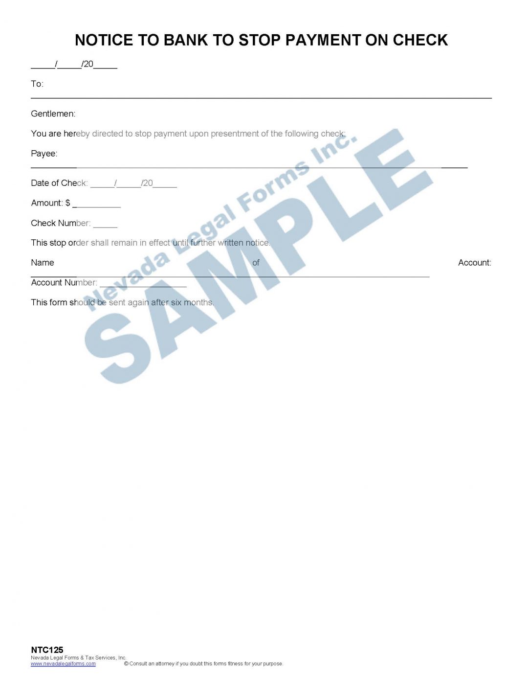 NOTICE TO BANK TO STOP PAYMENT ON CHECK | Nevada Legal Forms & Services