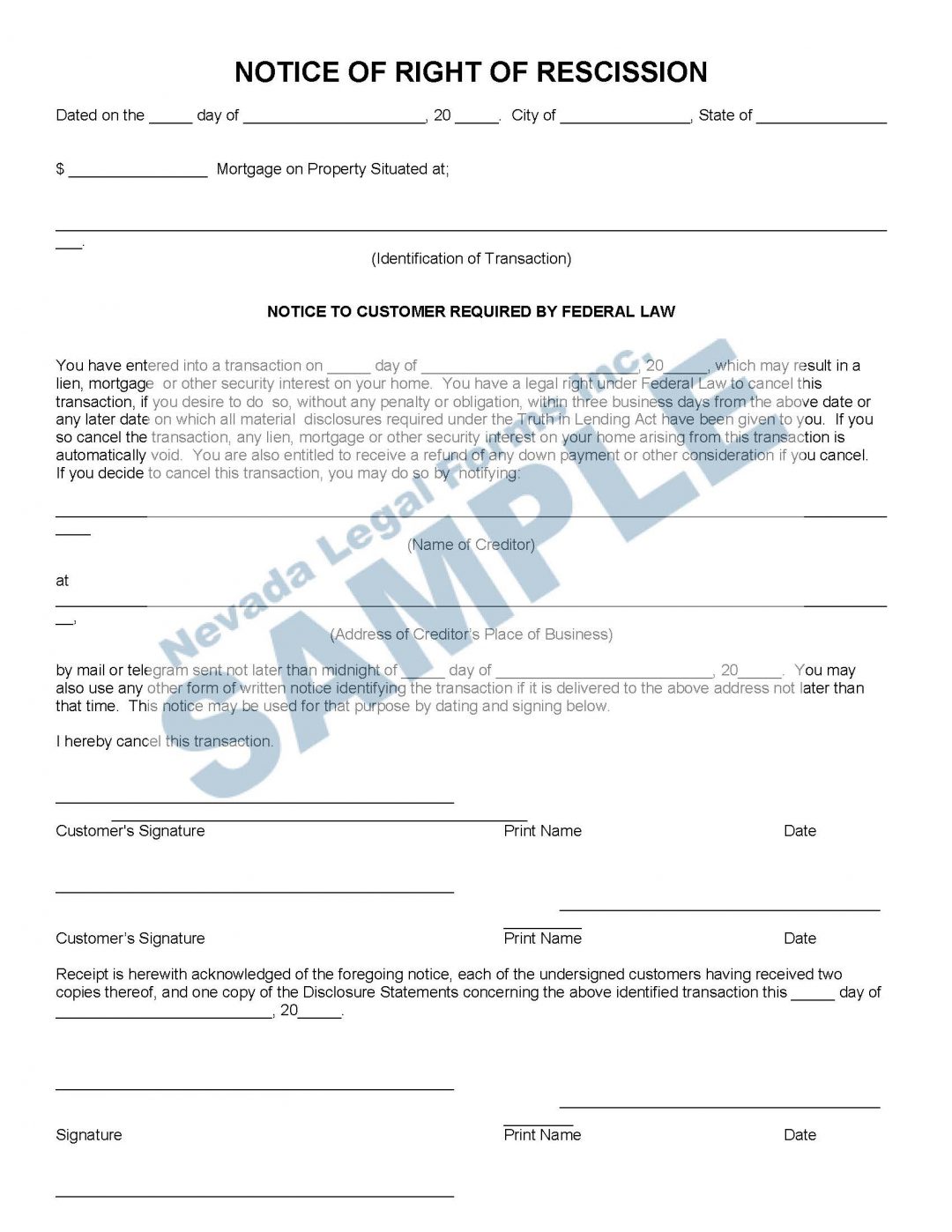 NOTICE OF RIGHT OF RESCISSION | Nevada Legal Forms & Services