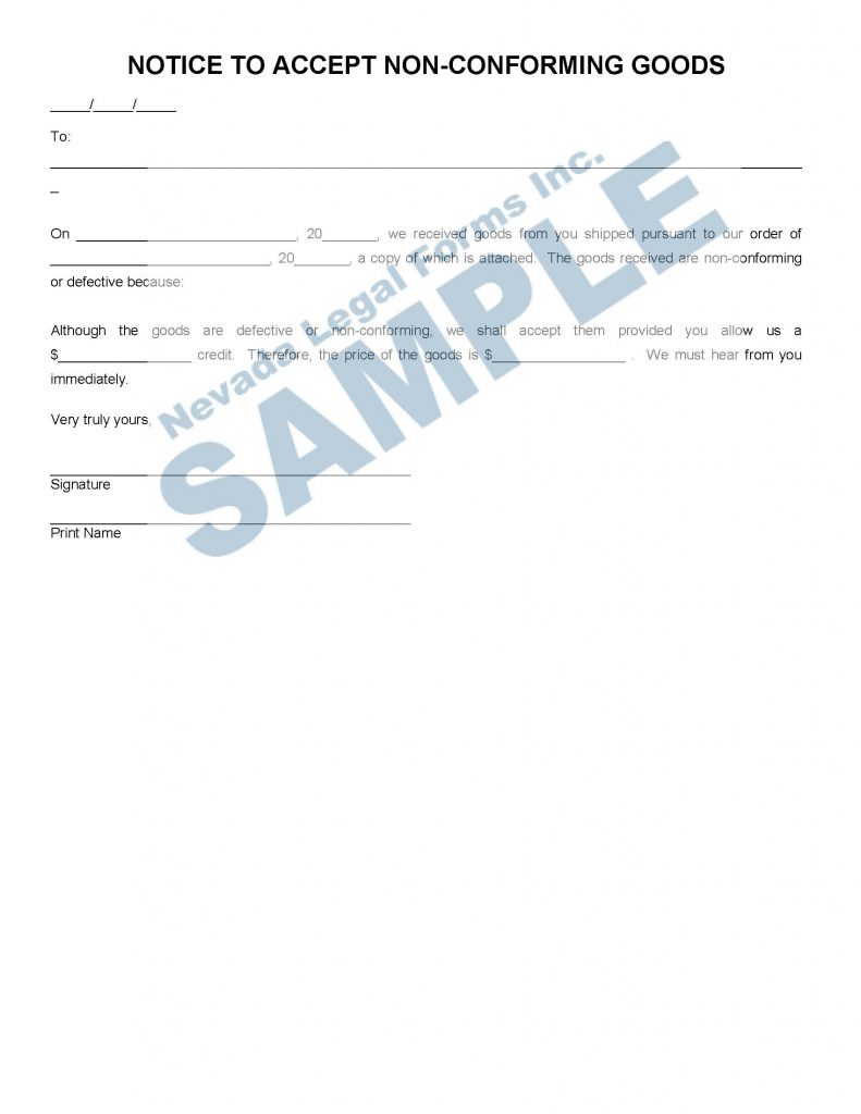 NOTICE TO ACCEPT NON-CONFORMING GOODS | Nevada Legal Forms & Services