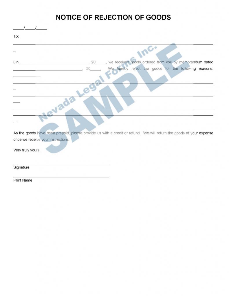 NOTICE OF REJECTION OF GOODS | Nevada Legal Forms & Services