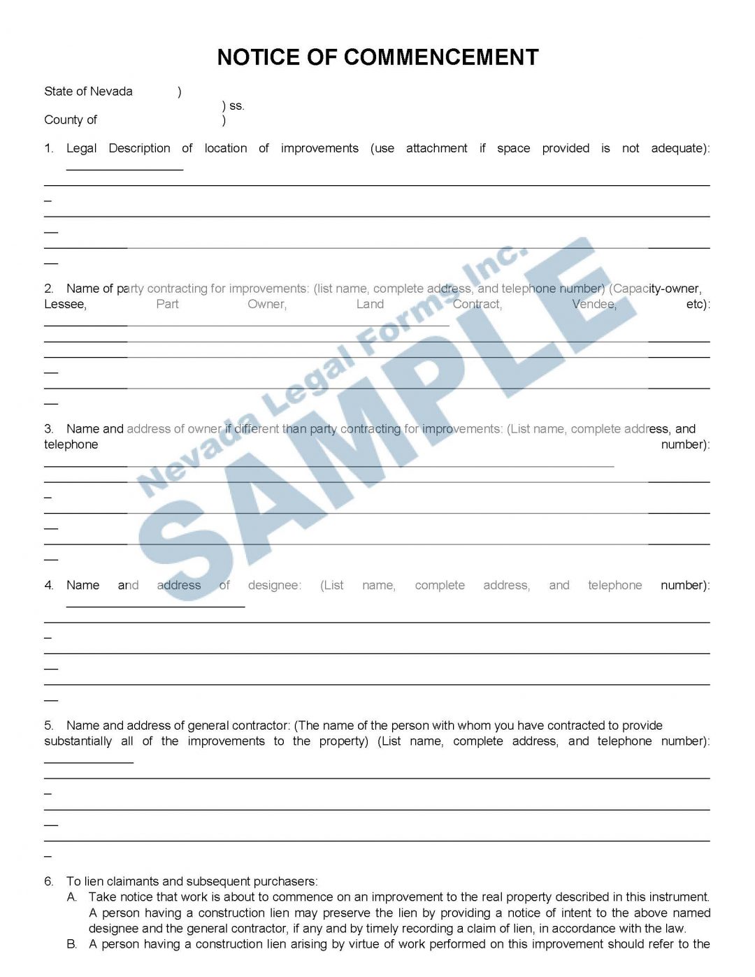 NOTICE OF COMMENCEMENT | Nevada Legal Forms & Services