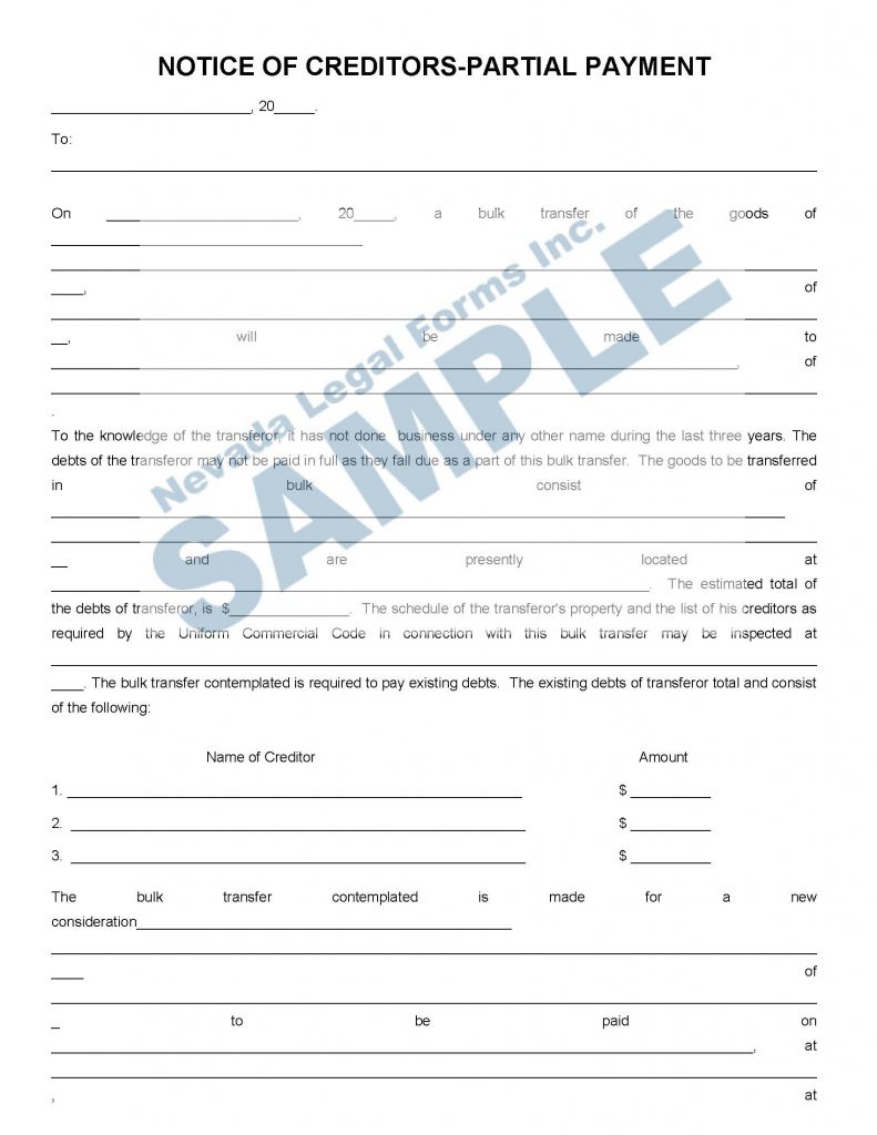 NOTICE OF CREDITORS-PARTIAL PAYMENT | Nevada Legal Forms & Services