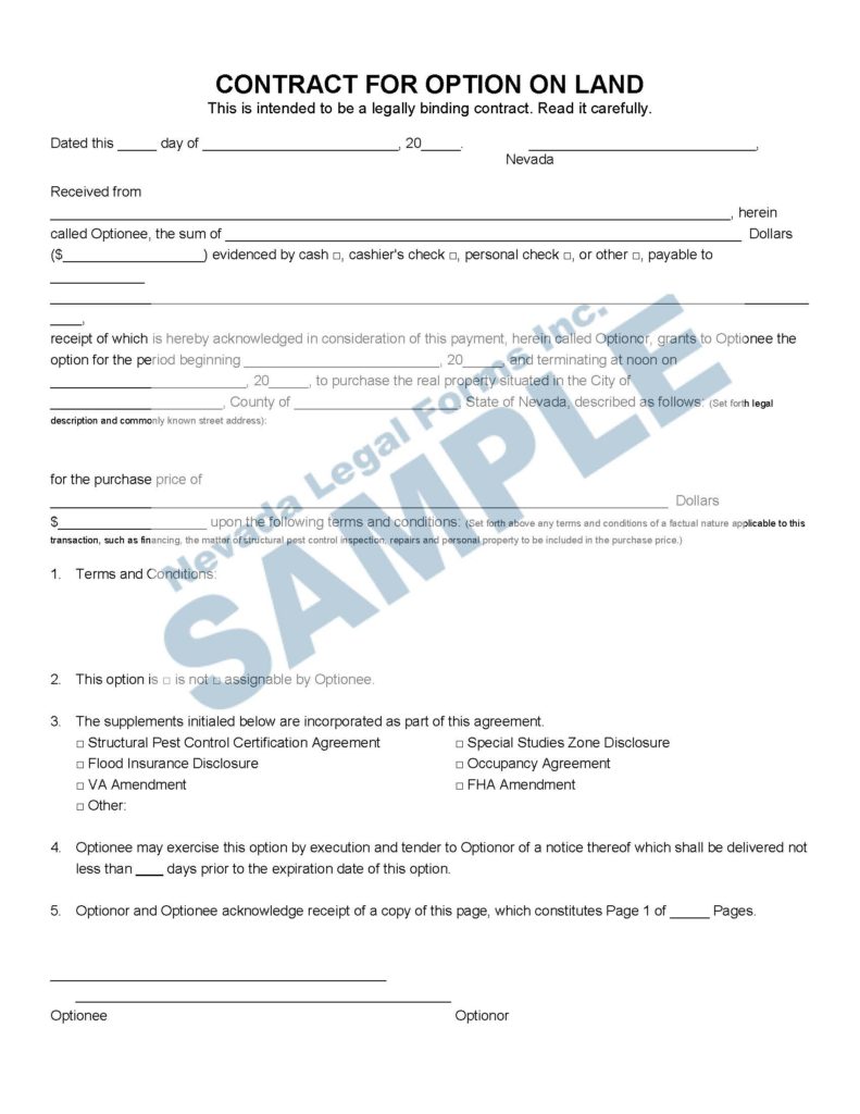 AGREEMENT OR OPTION (on Sale of Property, Partial Payment Received ...