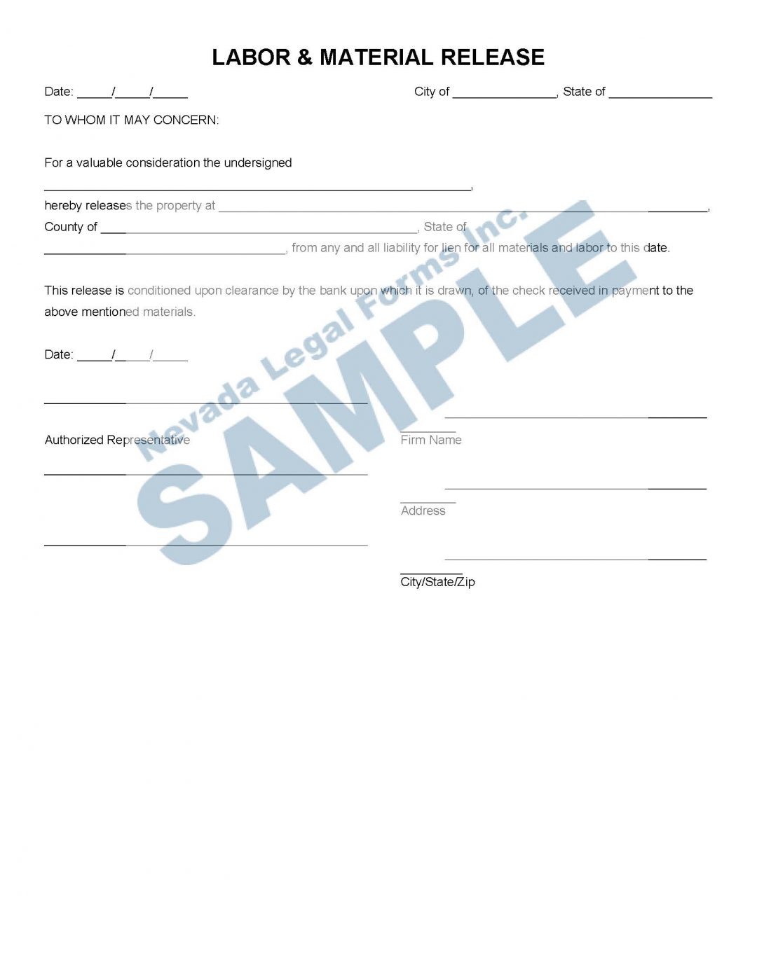 LABOR & MATERIAL RELEASE | Nevada Legal Forms & Services