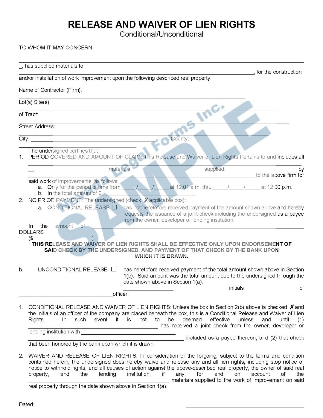 RELEASE AND WAIVER OF LIEN RIGHTS (Conditional/Unconditional) | Nevada ...